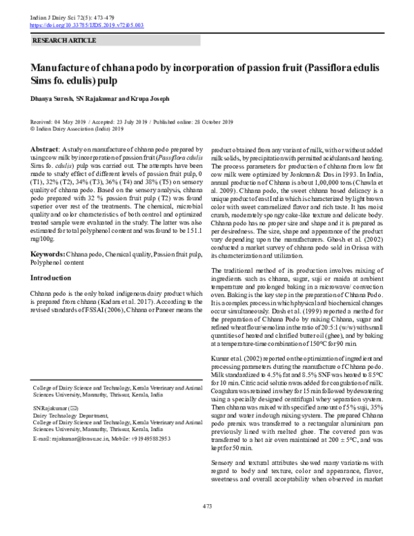 (PDF) Manufacture of chhana podo by incorporation of passion fruit (Passiflora edulis Sims fo ...