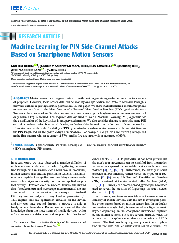 (PDF) Machine Learning for PIN Side-Channel Attacks Based on Smartphone Motion Sensors