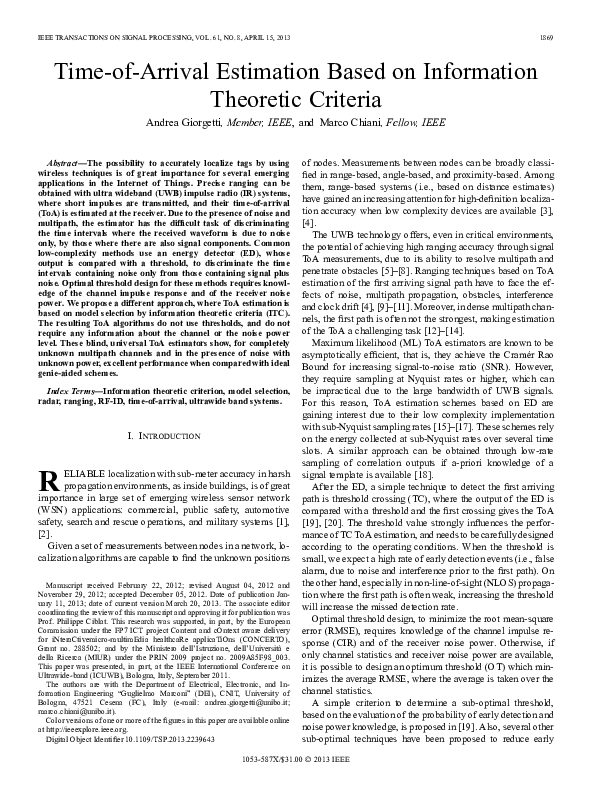 (PDF) Time-of-Arrival Estimation Based on Information Theoretic Criteria