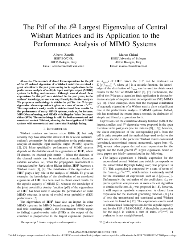 (PDF) The PDF of the lth Largest Eigenvalue of Central Wishart Matrices ...
