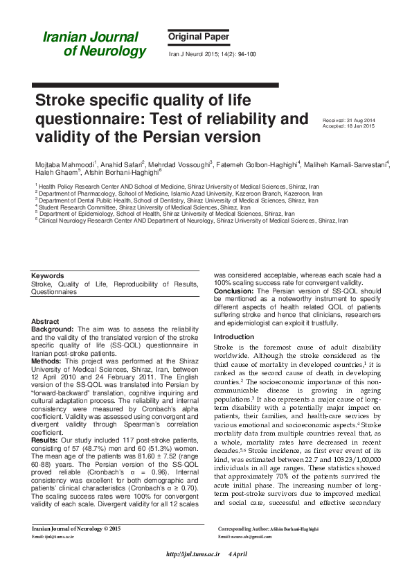 (PDF) Iranian Journal of Neurology © 2015 Stroke specific quality of ...