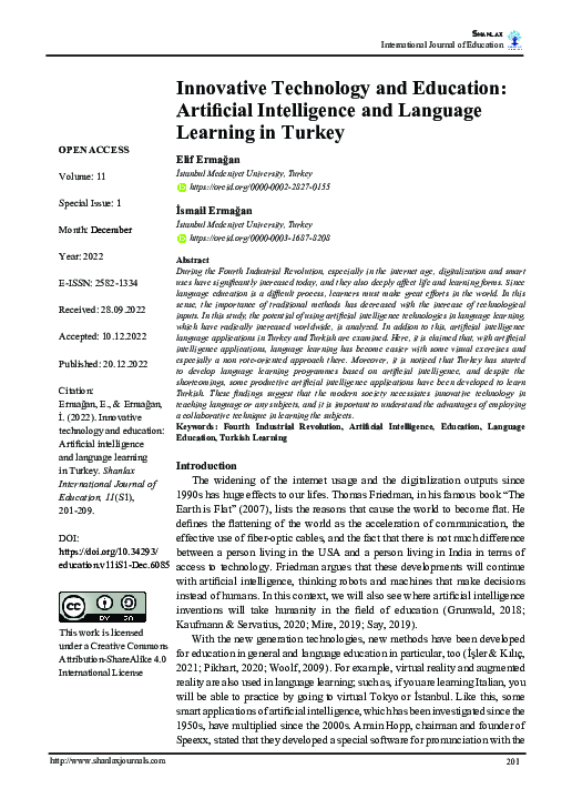 (PDF) Innovative Technology and Education: Artificial Intelligence and Language Learning in Turkey