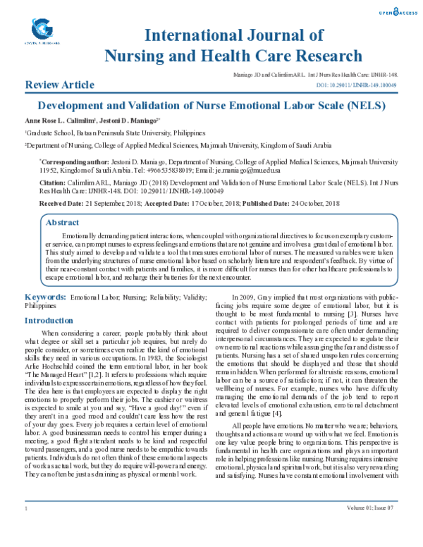 (PDF) Development and Validation of Nurse Emotional Labor Scale (NELS)
