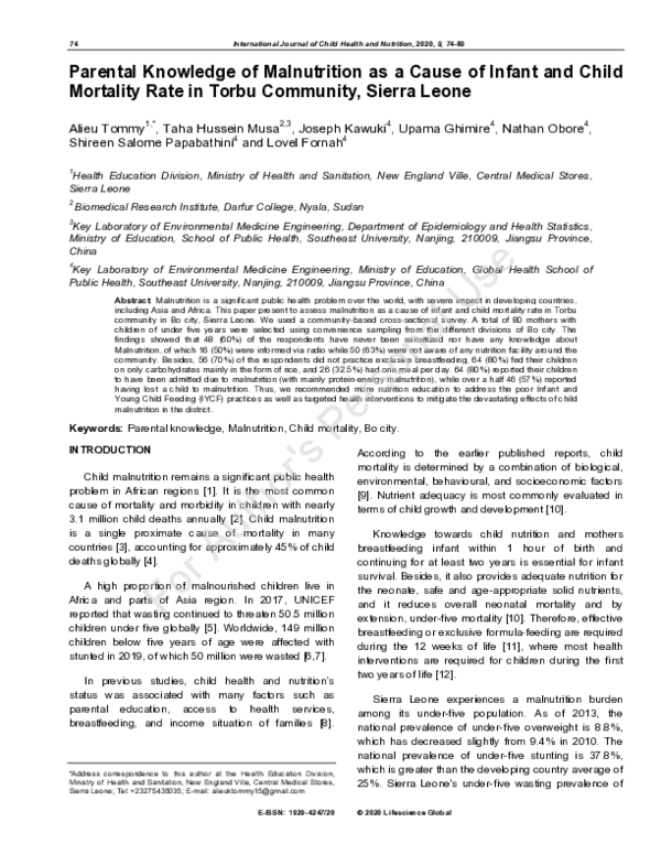 (PDF) Parental Knowledge of Malnutrition as a Cause of Infant and Child ...