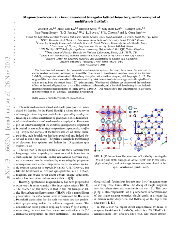 (PDF) Magnon Breakdown in a Two Dimensional Triangular Lattice Heisenberg Antiferromagnet of ...