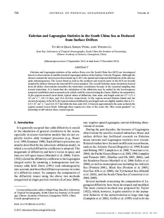 Pdf Eulerian And Lagrangian Statistics In The South China Sea As Deduced From Surface Drifters