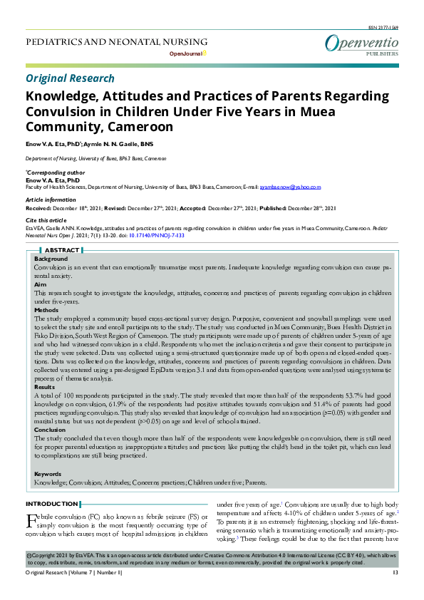 (PDF) Knowledge, Attitudes and Practices of Parents Regarding Convulsion in Children Under Five ...