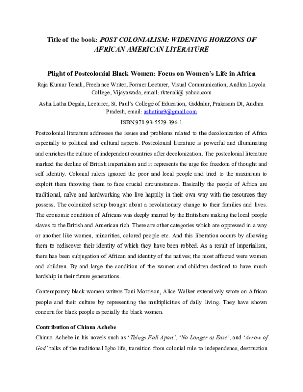 (DOC) Title of the book: POST COLONIALISM: WIDENING HORIZONS OF AFRICAN ...
