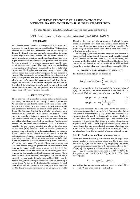 (PDF) Multi-category classification by kernel based nonlinear subspace method