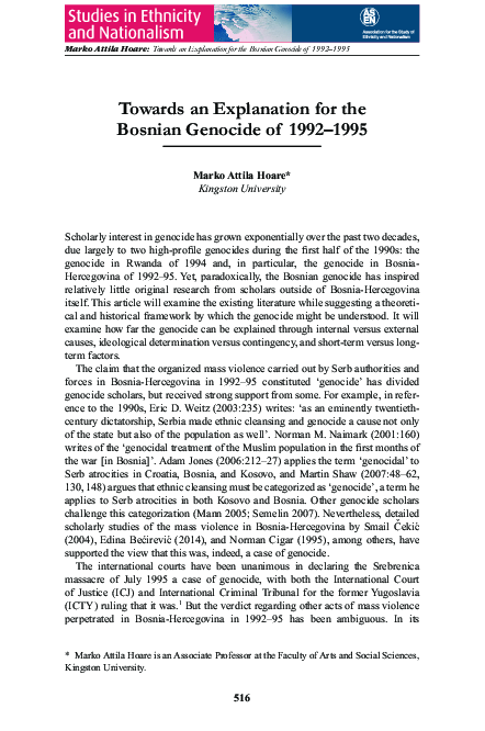 (PDF) Towards an Explanation for the Bosnian Genocide of 1992-1995