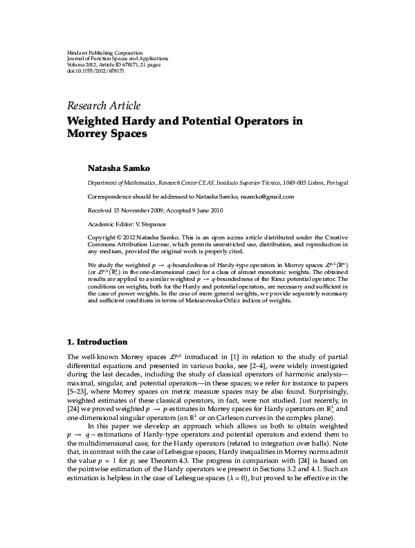 Pdf Weighted Hardy And Potential Operators In Morrey Spaces