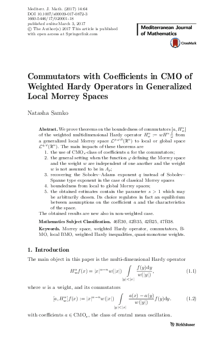 Pdf Commutators With Coefficients In Cmo Of Weighted Hardy Operators In Generalized Local