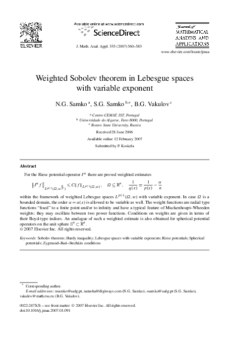 Pdf Weighted Sobolev Theorem In Lebesgue Spaces With Variable Exponent