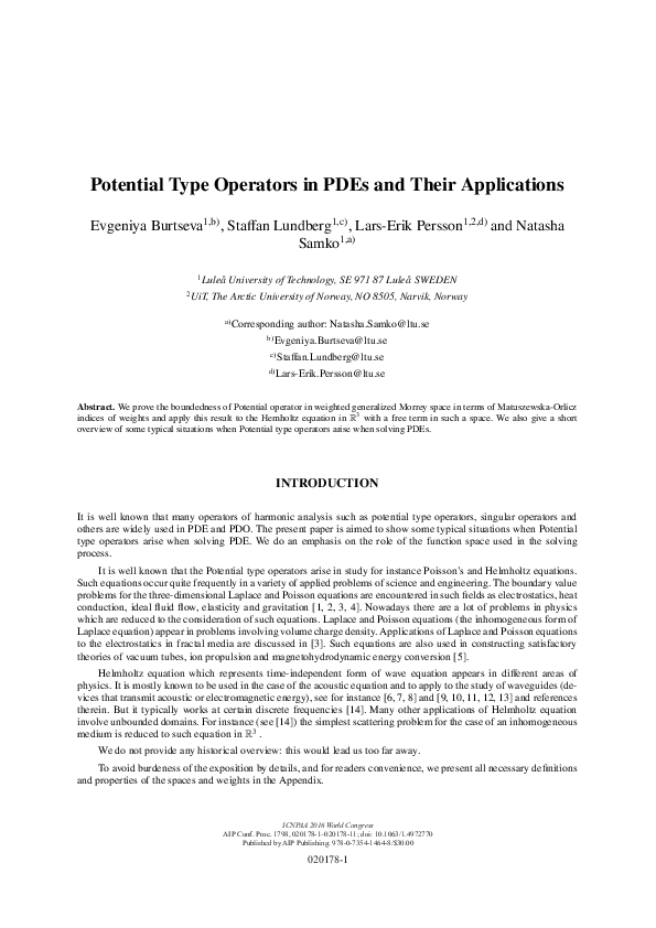 (PDF) Potential type operators in PDEs and their applications