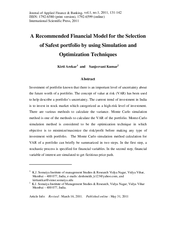 (PDF) A Recommended Financial Model for the Selection of Safest portfolio by using Simulation ...