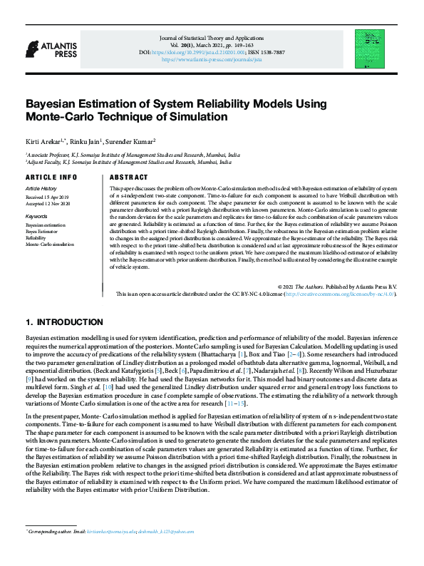 (PDF) Bayesian Estimation of System Reliability Models Using Monte-Carlo Technique of Simulation