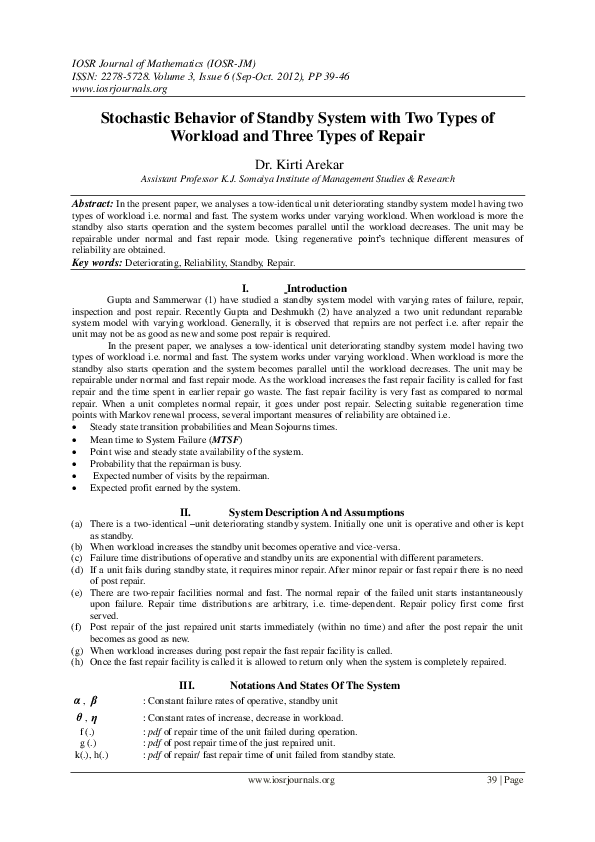 (PDF) Stochastic Behavior of Standby System with Two Types of Workload and Three Types of Repair