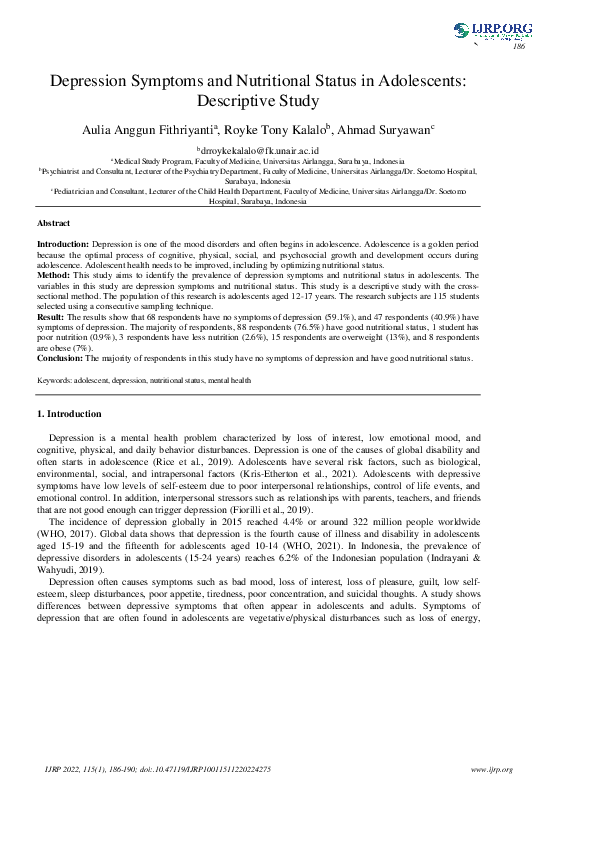 (PDF) Depression Symptoms and Nutritional Status in Adolescents ...