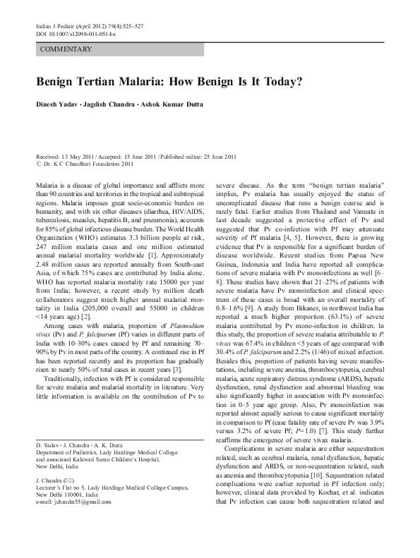 (PDF) Benign Tertian Malaria: How Benign Is It Today?
