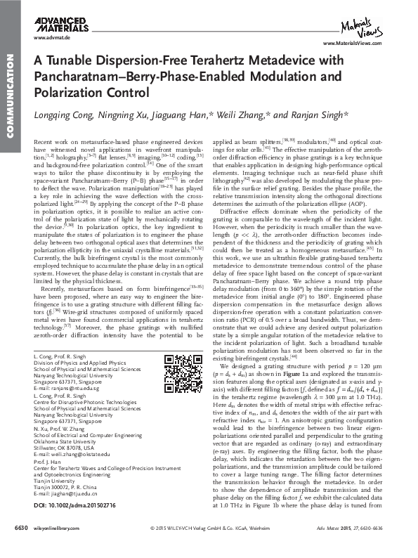 Pdf A Tunable Dispersion Free Terahertz Metadevice With Pancharatnam Berry Phase Enabled