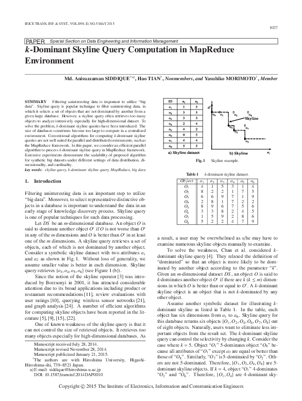 (PDF) k-Dominant Skyline Query Computation in MapReduce Environment