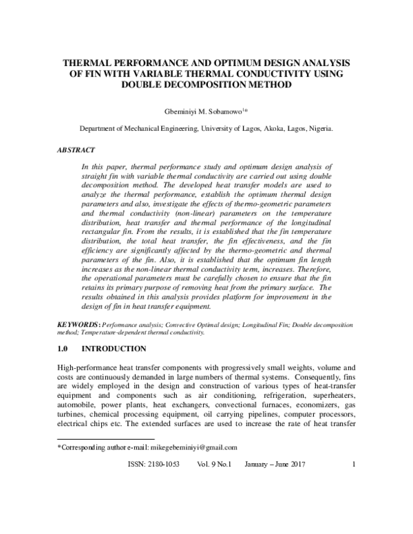 (PDF) Thermal Performance and Optimum Design Analysis of Fin with Variable Thermal Conductivity ...