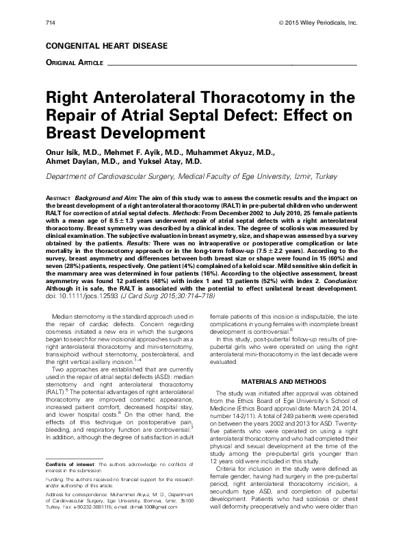Pdf Right Anterolateral Thoracotomy In The Repair Of Atrial Septal Defect Effect On Breast