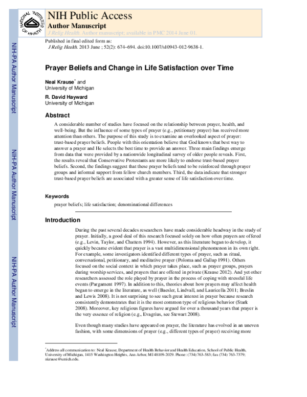 (PDF) Prayer Beliefs and Change in Life Satisfaction Over Time