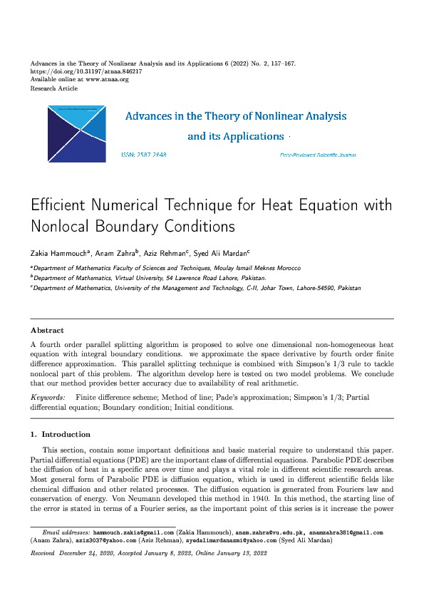 Pdf An Efficient Numerical Technique For Solving Heat Equation With Nonlocal Boundary