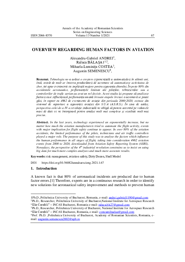 (PDF) Overview Regarding Human Factors in Aviation