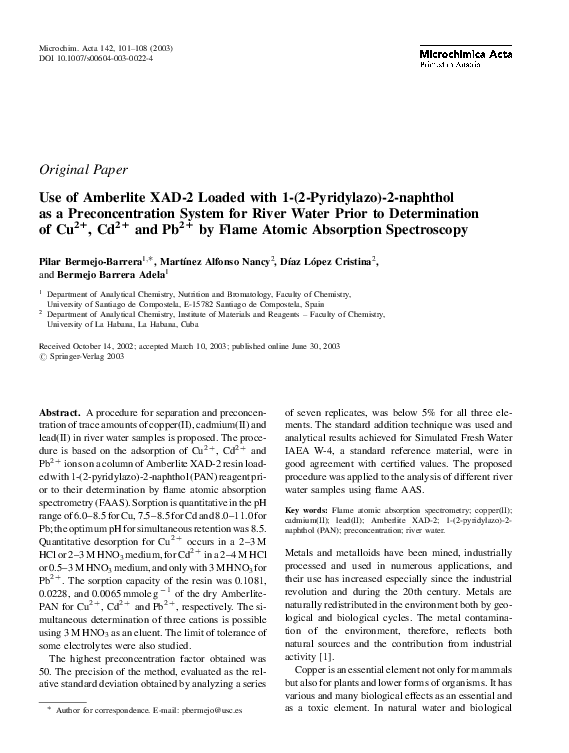 (PDF) Use of Amberlite XAD-2 Loaded with 1-(2-Pyridylazo)-2-naphthol as a Preconcentration ...