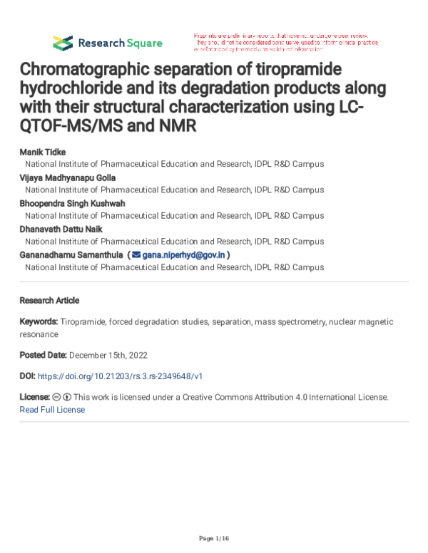 (PDF) Chromatographic separation of tiropramide hydrochloride and its ...
