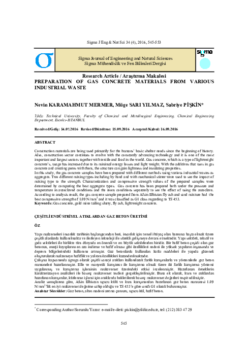 (PDF) Preparation of Gas Concrete Materials From Various Industrial Waste