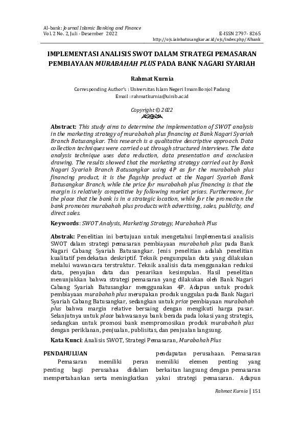 (PDF) Implementasi Analisis SWOT dalam Strategi Pemasaran Pembiayaan Murabahah Plus Pada Bank ...