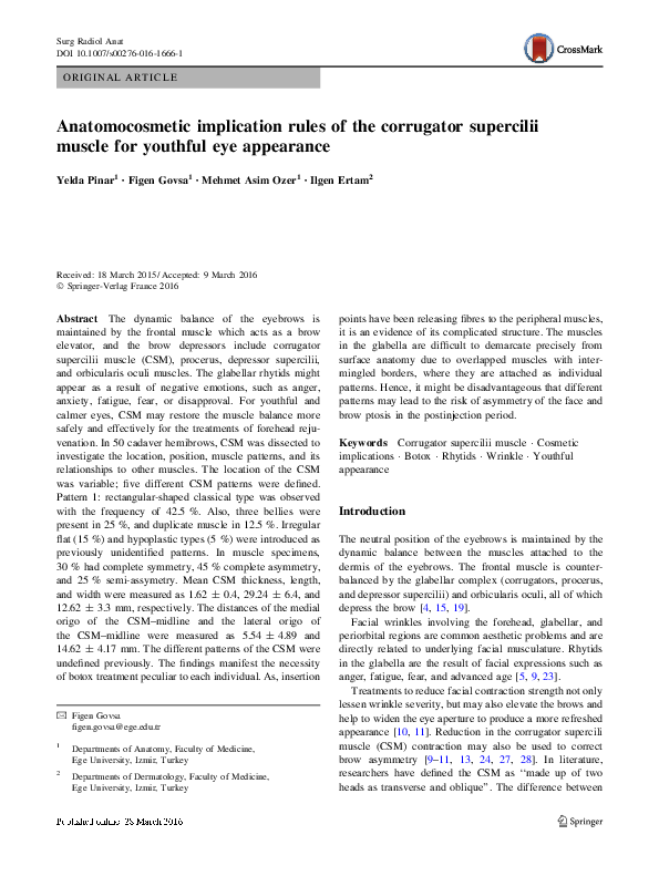 (PDF) Anatomocosmetic implication rules of the corrugator supercilii ...