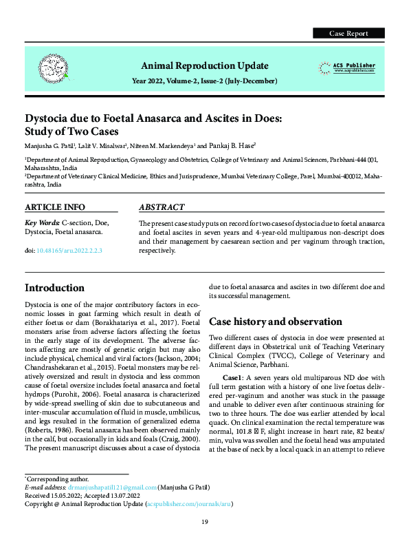 (PDF) Dystocia Due to Foetal Anasarca along with Twin Live Foetus In ...
