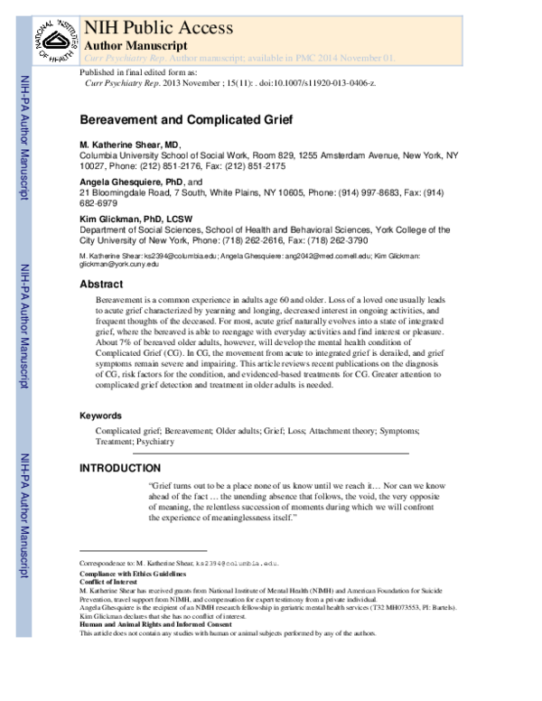 (PDF) Bereavement and Complicated Grief