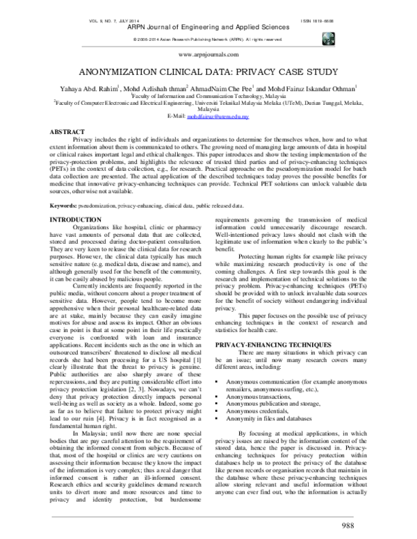 (PDF) Anonymization Clinical Data: Privacy Case Study