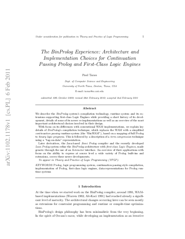 Pdf The Binprolog Experience Architecture And Implementation Choices For Continuation Passing