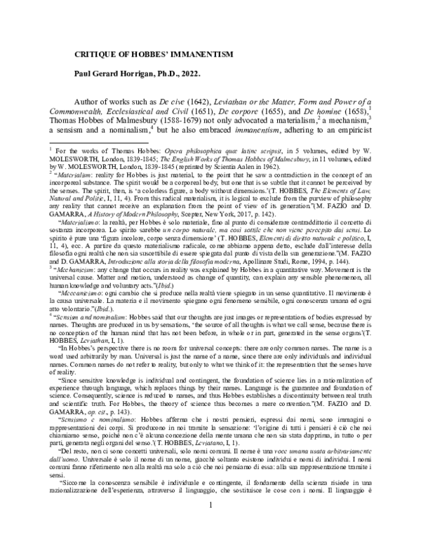(PDF) Critique of Hobbes' Immanentism
