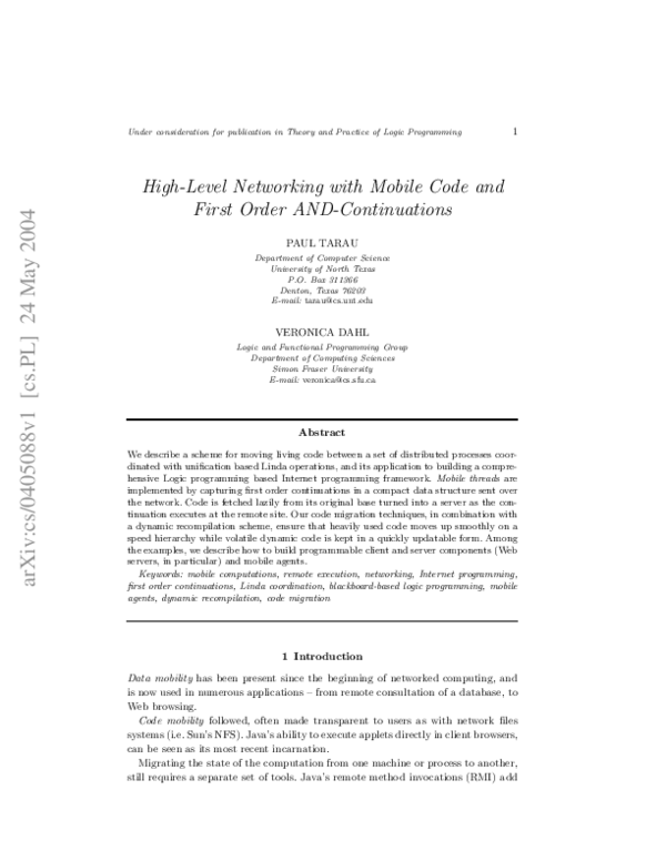 (PDF) High-level networking with mobile code and first order AND-continuations
