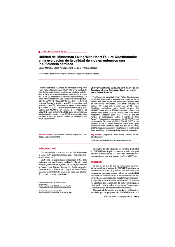 (PDF) Utilidad del Minnesota Living With Heart Failure Questionnaire en ...