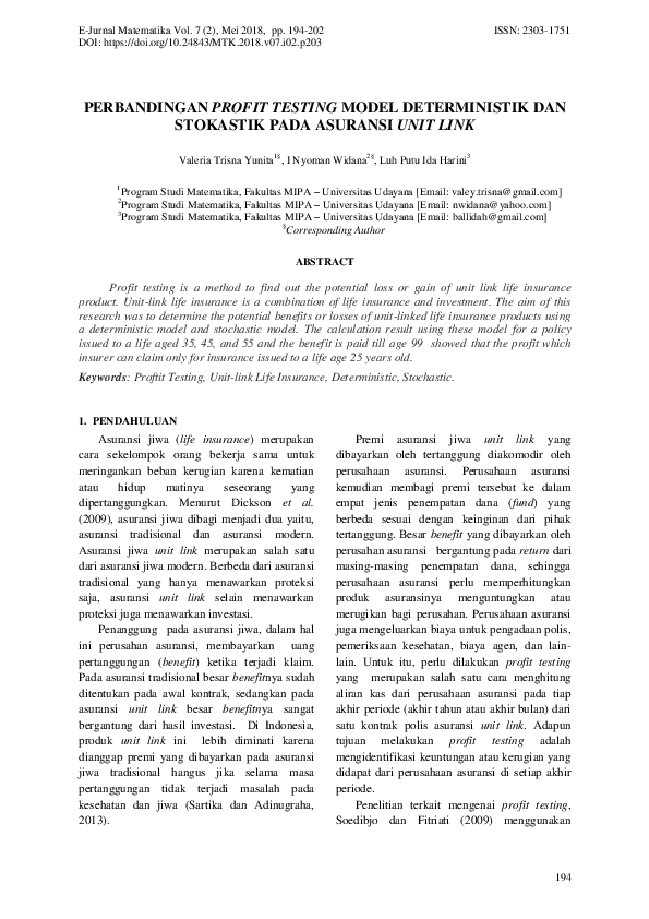 (PDF) Perbandingan Profit Testing Model Deterministik Dan Stokastik ...