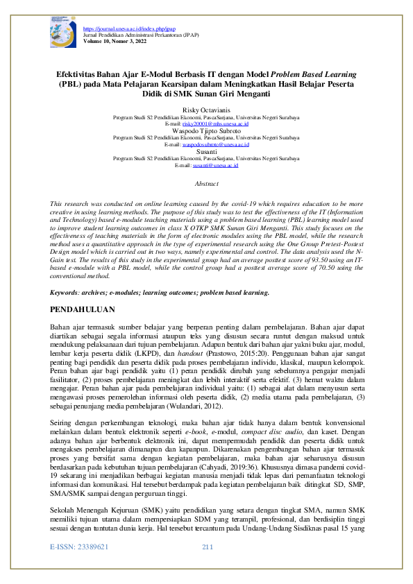 (PDF) Efektivitas Bahan Ajar E-Modul Berbasis IT dengan Model Problem Based Learning (PBL) pada ...