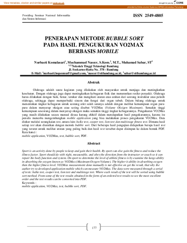 Penerapan Metode Bubble Sort pada Hasil Pengukuran VO2Max Berbasis Mobile