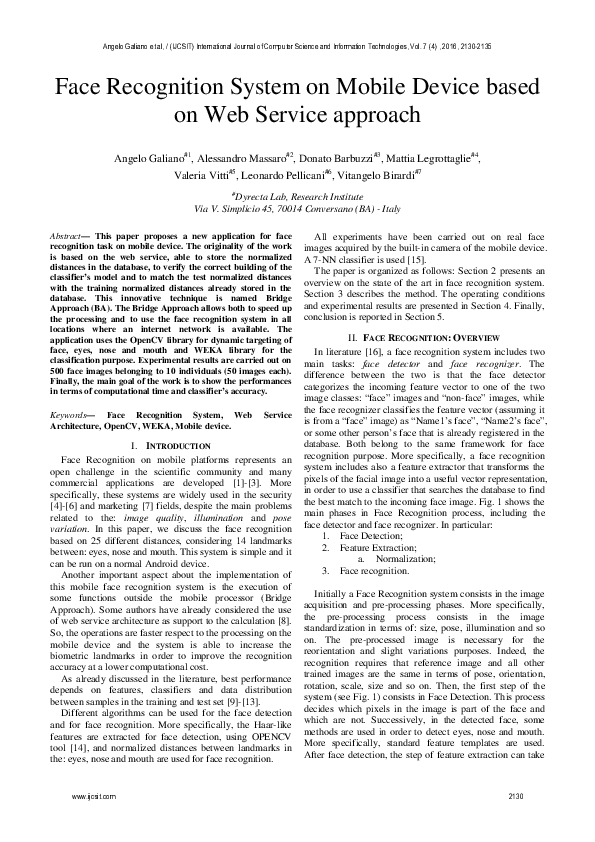 (PDF) Face Recognition System on Mobile Device based on Web Service approach