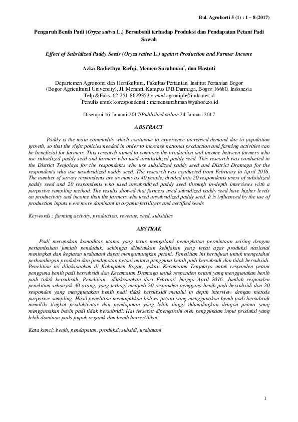 (PDF) Pengaruh Benih Padi (Oryza sativa L.) Bersubsidi terhadap ...