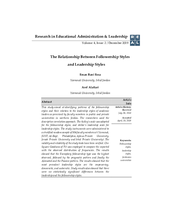 (PDF) The Relationship Between Followership Styles and Leadership Styles