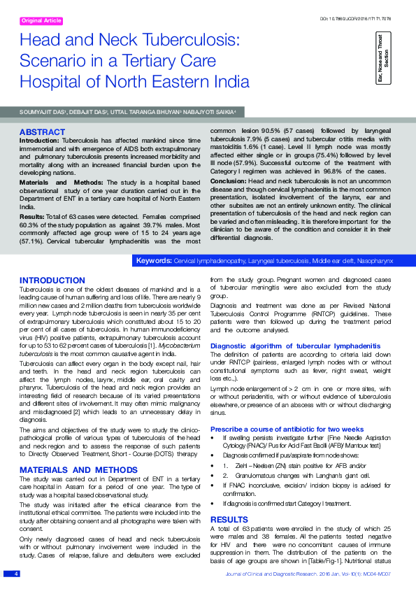 (PDF) Head and Neck Tuberculosis: Scenario in a Tertiary Care Hospital ...