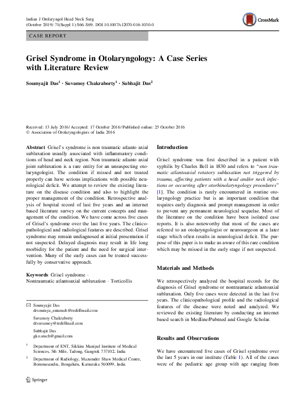 (PDF) Grisel Syndrome in Otolaryngology: A Case Series with Literature Review